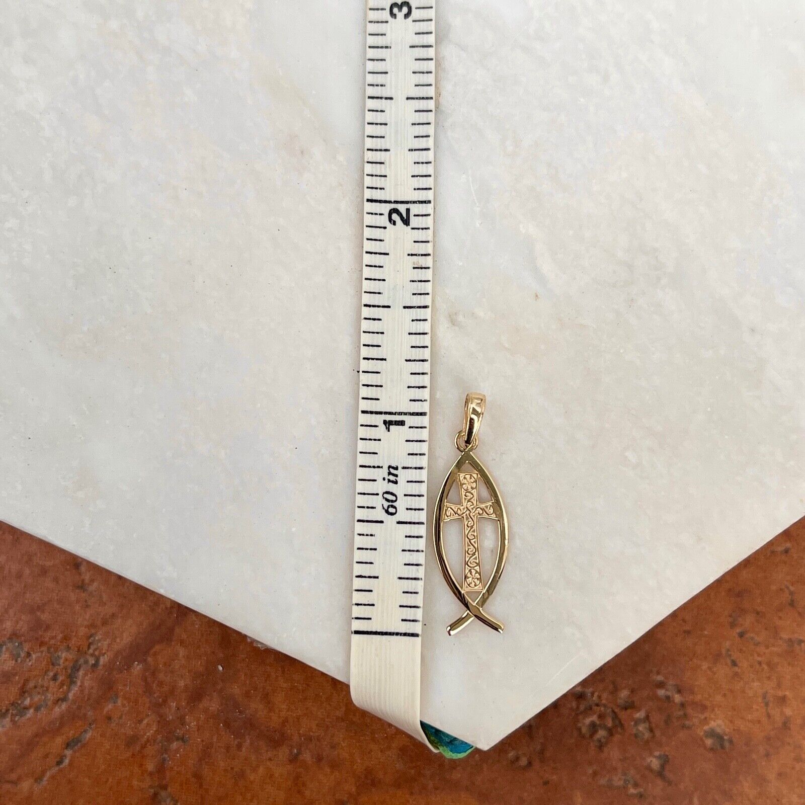 14KT Yellow Gold Fish Ichthus Cross Swirl Vertical Design Pendant Charm ...