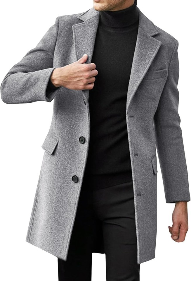 Mens Single Breasted Trench Coat Slim Fit Notched Lapel Winter Pea Coat ...
