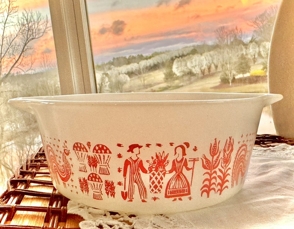 LOVELY VERY RARE HTF VNTG PYREX PINK AMISH BUTTERPRINT CASSEROLE DISH ...