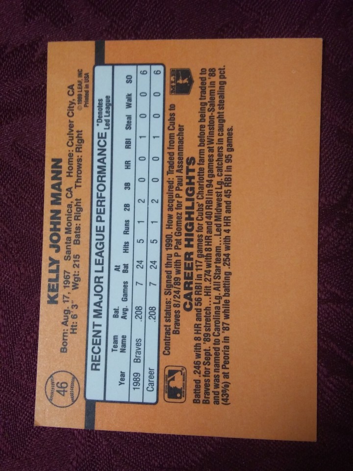 1990 donruss rated rookie Kelly Mann *ERROR CARD* (no dot after inc ...