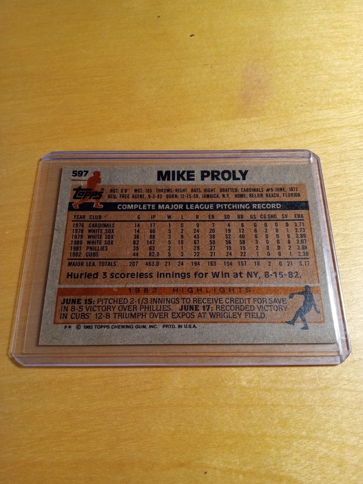 1983 TOPPS #597 MIKE PROLY Chicago Cubs Baseball Card, Pitcher, Star ...