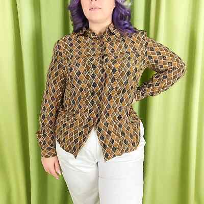 90s Vintage Black and Brown Diamond Print 100% Silk Blouse | eBay