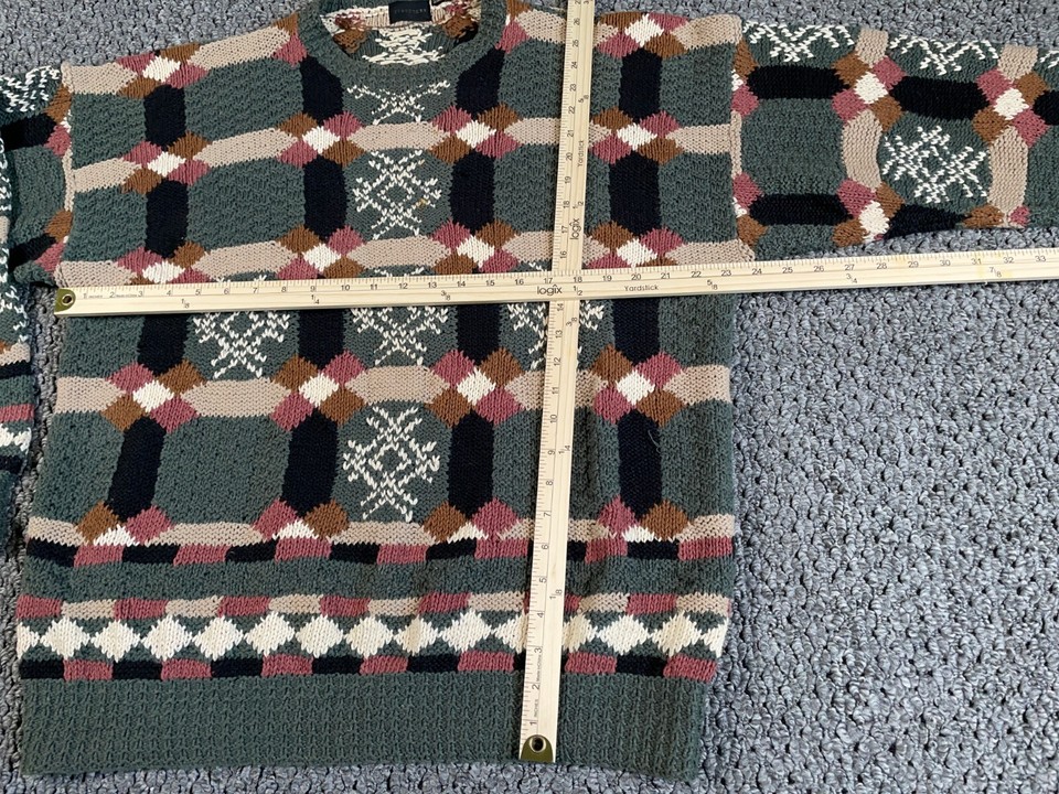 VTG Textured Geometric Pattern Sweater Adult XL Green Brown Chunky Knit ...
