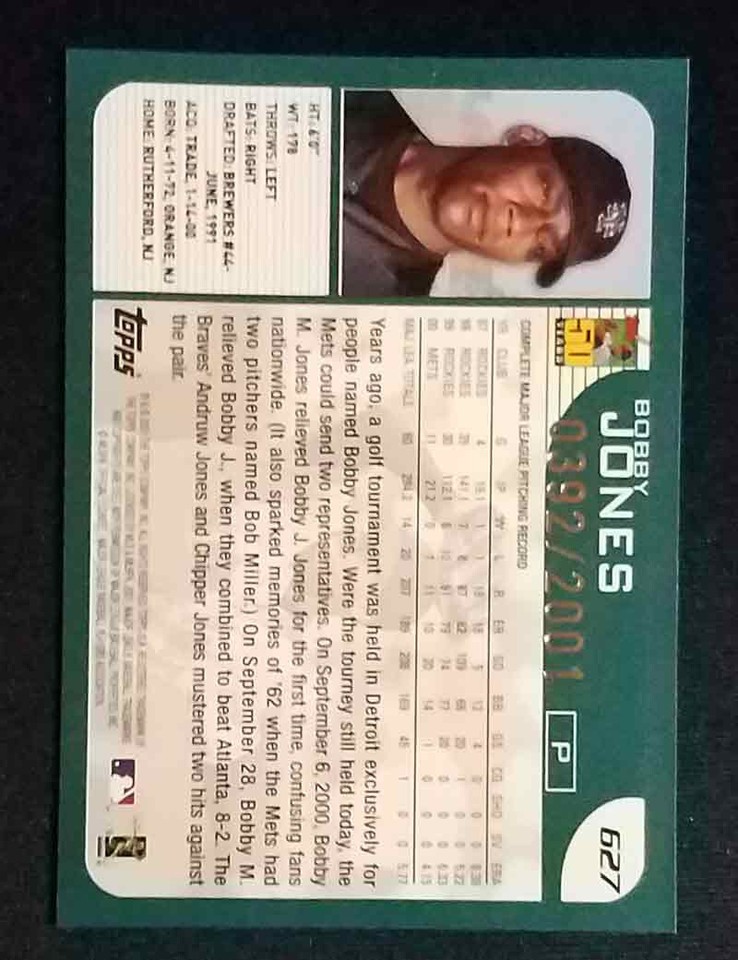 2001 Topps #627 Bobby Jones Gold /2001 New York Mets NM-MINT++ | eBay