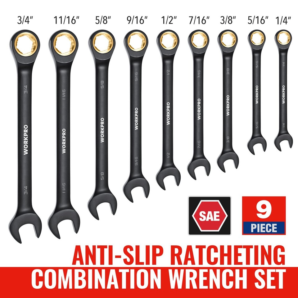 WORKPRO 9PCS Anti-Slip Ratcheting Combination Wrench Sets SAE 1/4"-3/4 ...
