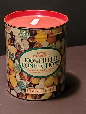 Vintage Hard Candy Tin PEERLESS 100% Filled Confections Candy Container ...