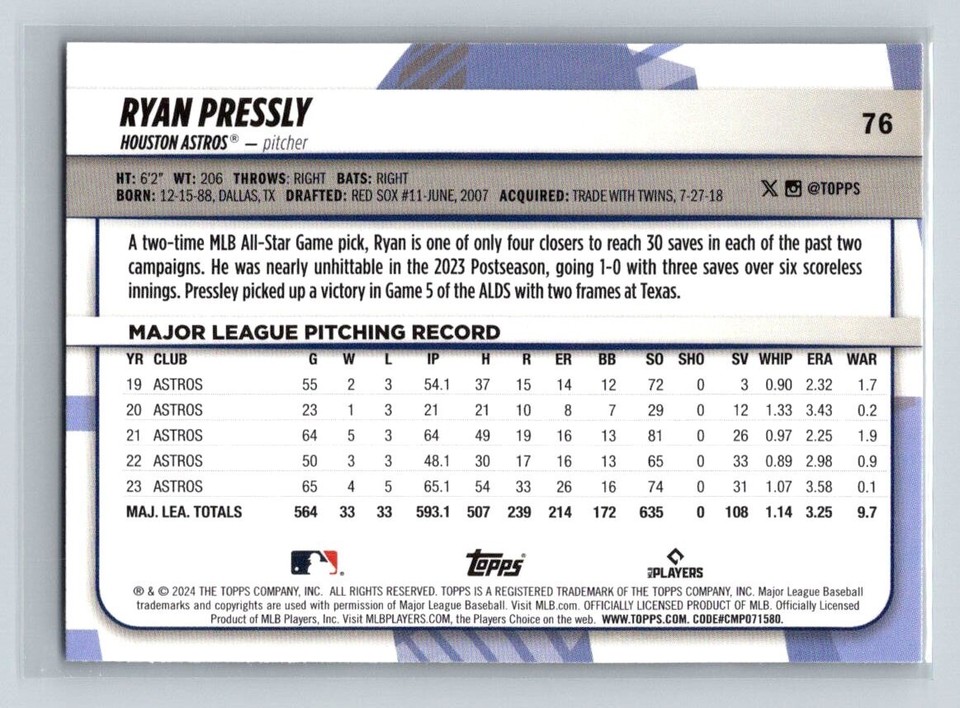 2024 Topps Big League Baseball Card #76 Ryan Pressly Houston Astros | eBay