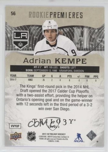 2017-18 Upper Deck Trilogy Premieres Level 1 /999 Adrian Kempe #56 ...