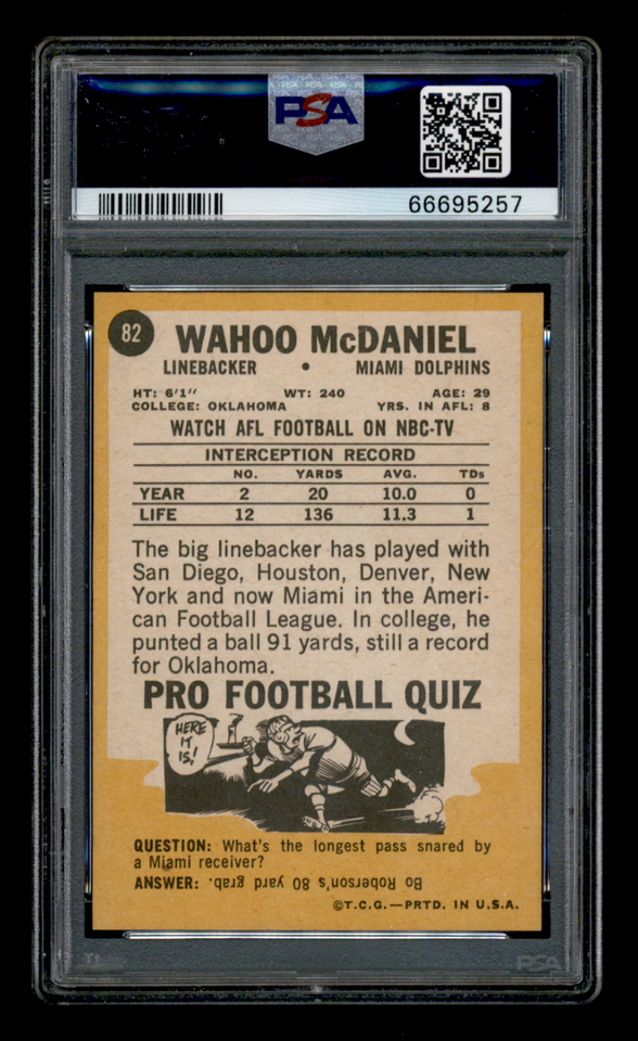 66695257 1967 Topps #82 Wahoo McDaniel RC Rookie Miami Dolphins PSA 6 ...