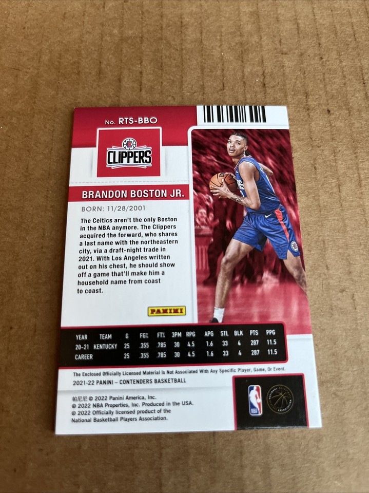 2021 Contenders JSY PATCH ROOKIE Brandon Boston RC #RTS-BBO Clippers ...