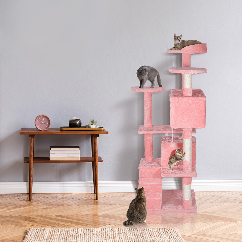55'' Kitty Cat Tree Pink Cat Condo Tower with Scratching Post Cat ...