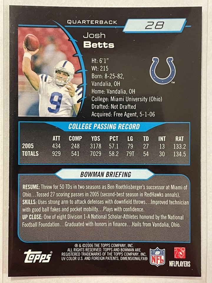 2006 Bowman JOSH BETTS Rookie RC #28 Football Indianapolis Colts | eBay