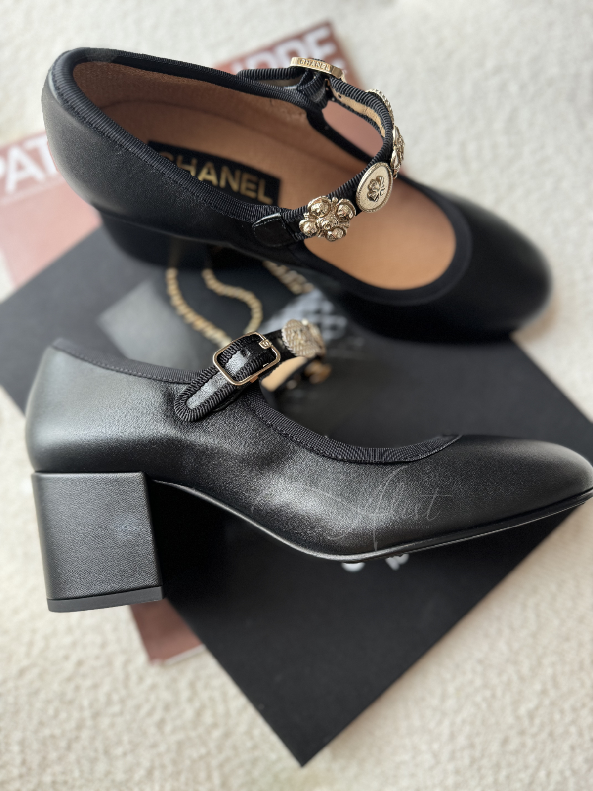 Chanel 24A Metiers D’art Black Leather Mary Jane Heels Gold Charms ...