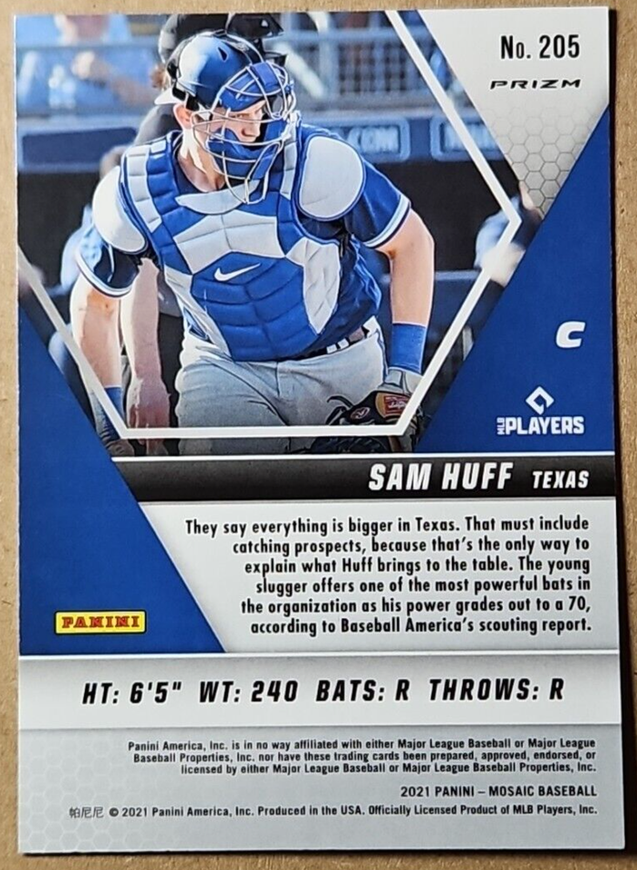 2021 Mosaic Sam Huff #205 Reactive Yellow Prizm Texas Rangers Rookie ...