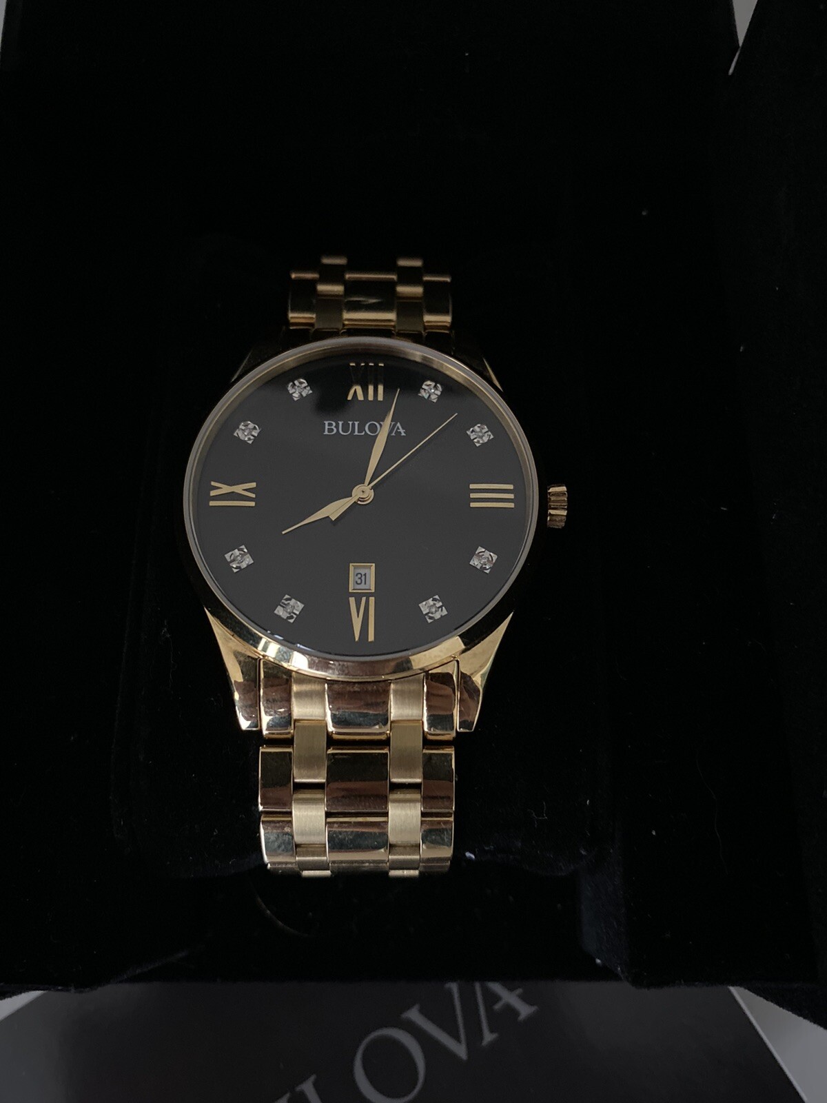 Bulova Diamond Accent Black Dial Gold Tone Stainless Steel Men's Watch ...