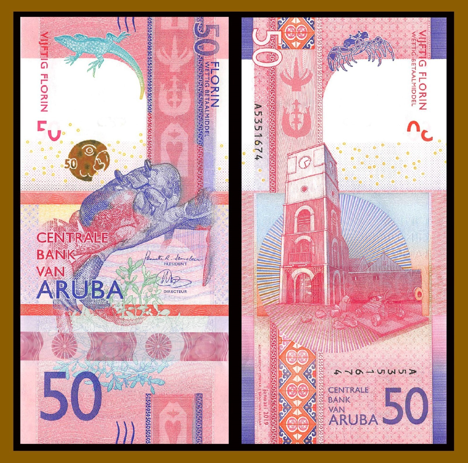 Aruba 50 Florin, 2019 P-23 Willem III Towers Crab Whiptail Lizard Unc ...