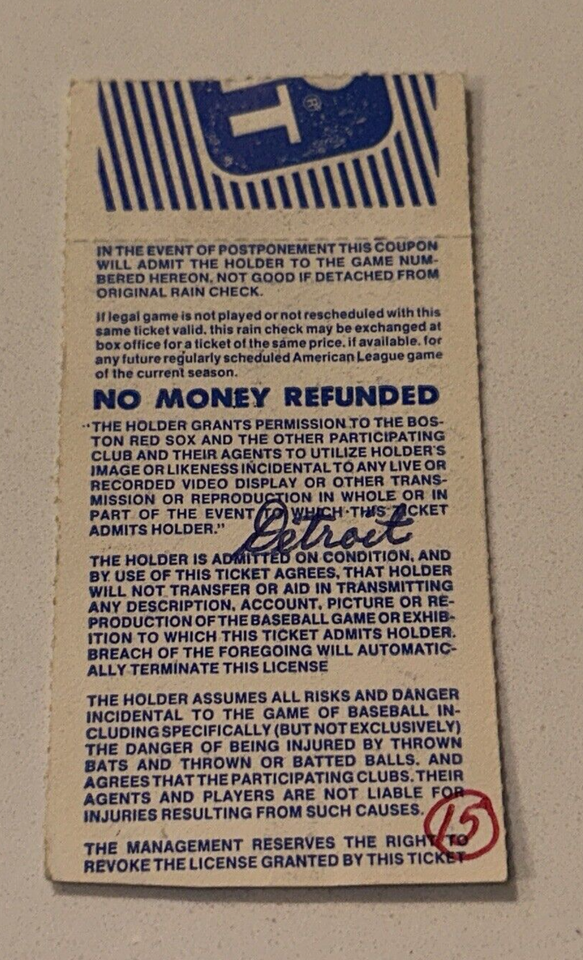 Detroit Tigers Red Sox Rain Check Reserve Seats $9 Fenway Ticket Stub 6 ...