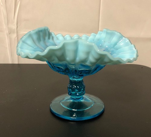 Vintage Blue Opalescent Glass Footed Compote/Candy Dish/Crimp Ruffle ...