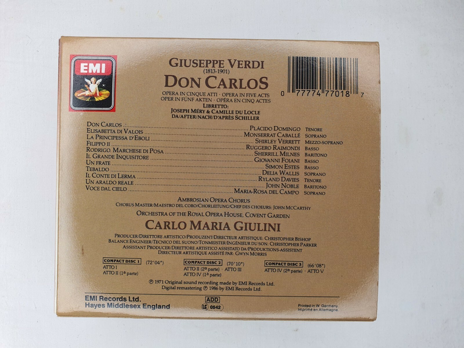 Verdi Don Carlos Carlo Maria Giulini Orchestra of the Royal Opera House ...
