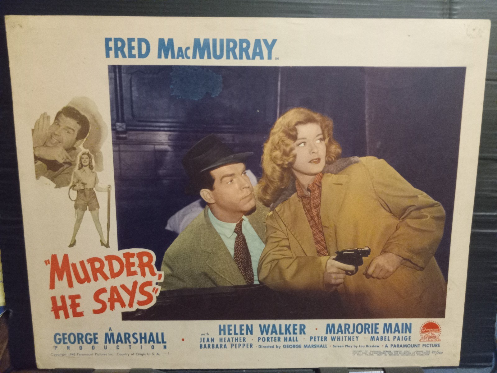 Lobby Card 1945 MURDER, HE SAYS Helen Walker gun Fred MacMurray comedy ...