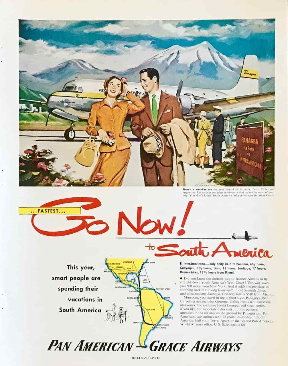 1951 Pan American - Grace Airways Panagra PRINT AD Go Now! To South ...