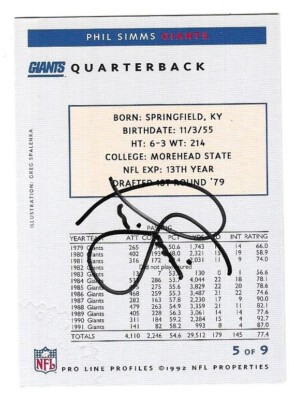 Phil Simms 1992 PRO LINE PROFILES NFL CERTIFIED AUTOGRAPH CARD #5of9 ...