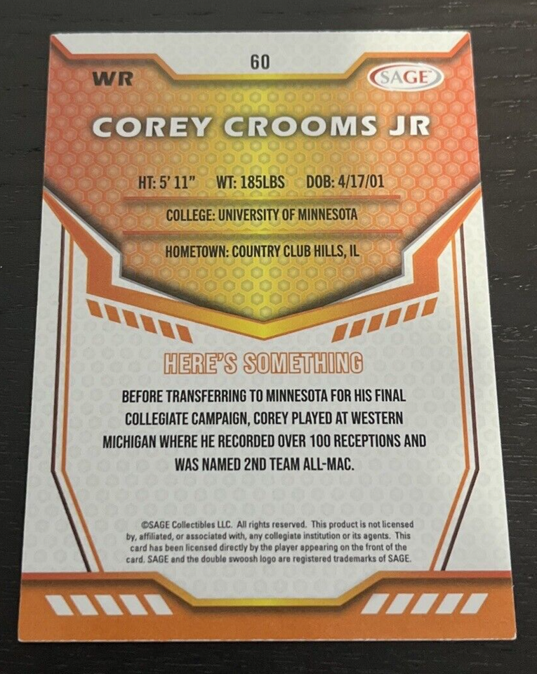 2024 Sage - Corey Crooms Jr. - Black - #60 - Minnesota - (S24) | eBay