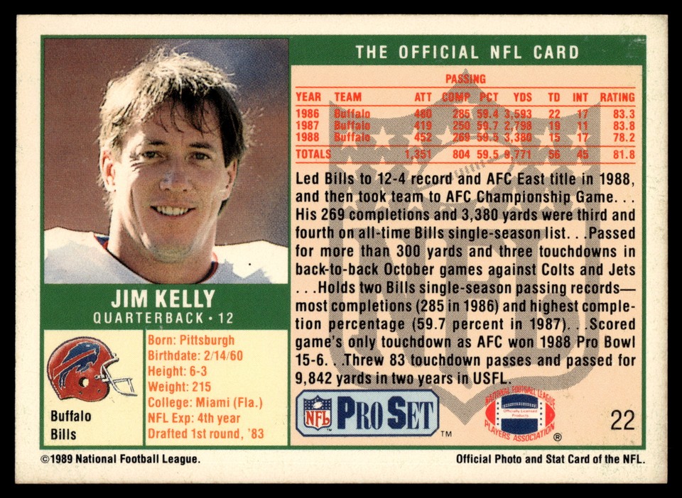 1989 Pro Set Jim Kelly #22 Buffalo Bills Football Card | eBay