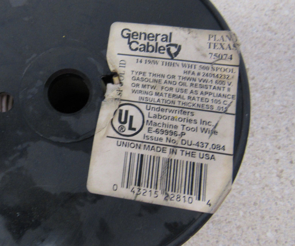 GENERAL CABLE 14 19/W THHN WHITE ,E-69996-P,DU-437,084 MACHINE TOOL ...