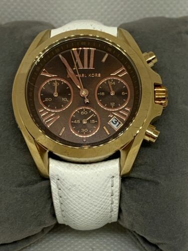 Michael Kors MK5944 Women's Watch Chronograph Brown Dial White Leather ...