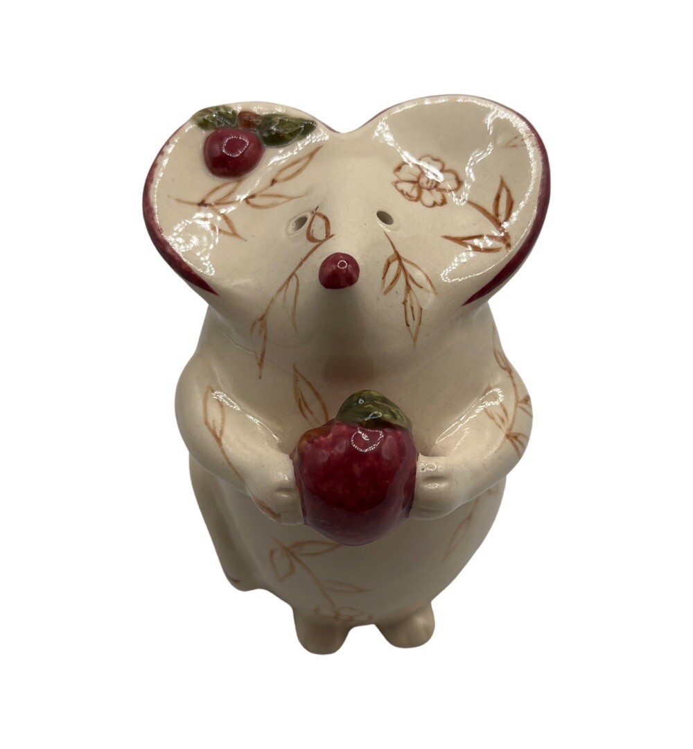 BLUE SKY Ceramic Mouse Parmesan Cheese Shaker Flowers holding an Apple ...