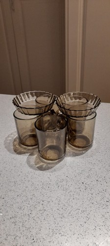 5 Arc France Smoked Glass Mugs 1970 AND 2 mini flan RetrArcoroc Vintage ...