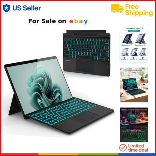 Surface Pro Keyboard Matte Black Wireless Backlit 78 Keys for Tablets ...