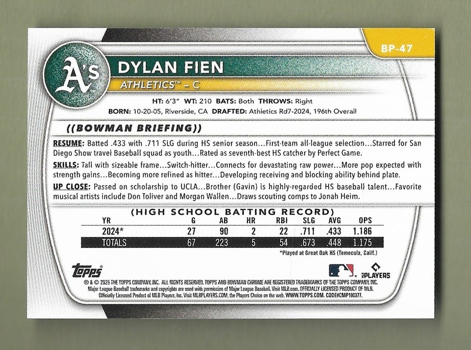 DYLAN FIEN 2025 TOPPS BOWMAN 1ST SP BLUE ROOKIE RC CARD #'D /499 MLB A ...