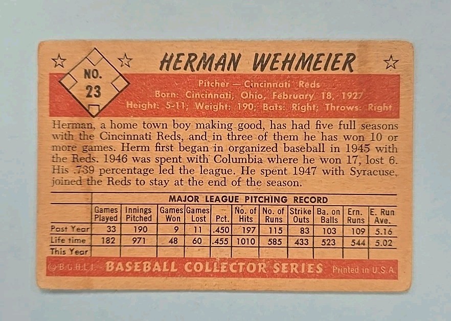 1953 Bowman Color Herman Wehmeier #23 Card A | eBay