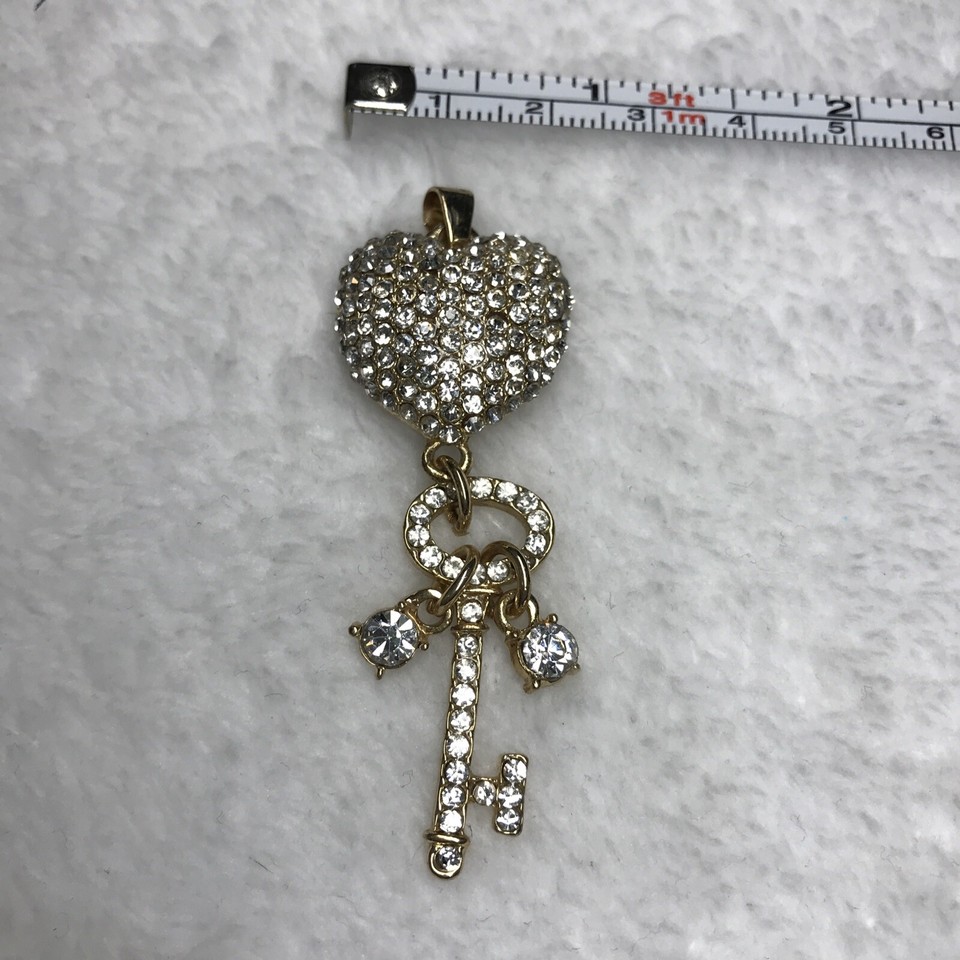 Rhinestone Heart With Key Pendant Gold Tone Puffed Heart Key to the ...
