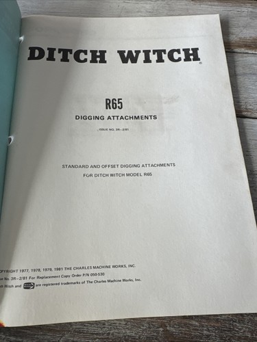Ditch Witch R65 Digging Attachment Operators Manual Parts Catalog Book ...