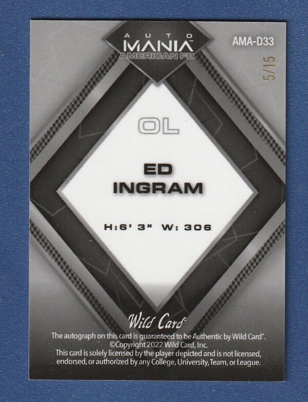 ED INGRAM 2022 Wild Card AUTO RC #/15 Mania American #D33 Vikings ...