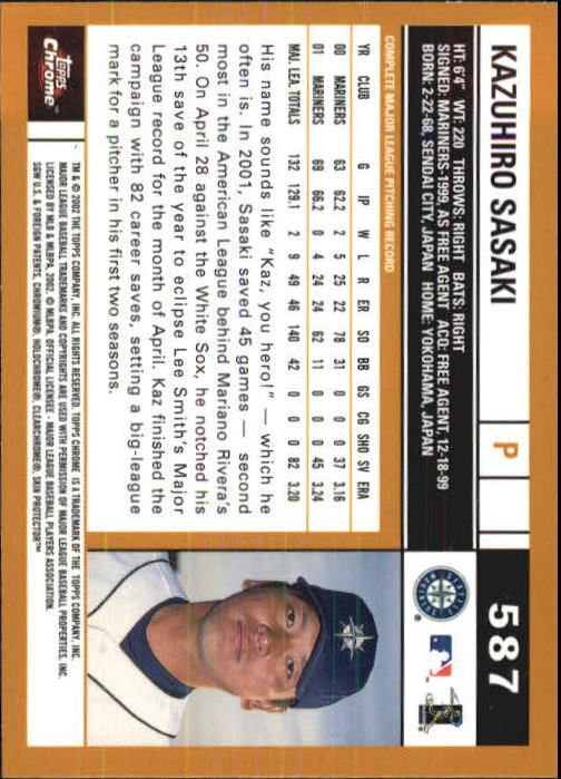 2002 Topps Chrome Seattle Mariners Baseball Card #587 Kazuhiro Sasaki ...