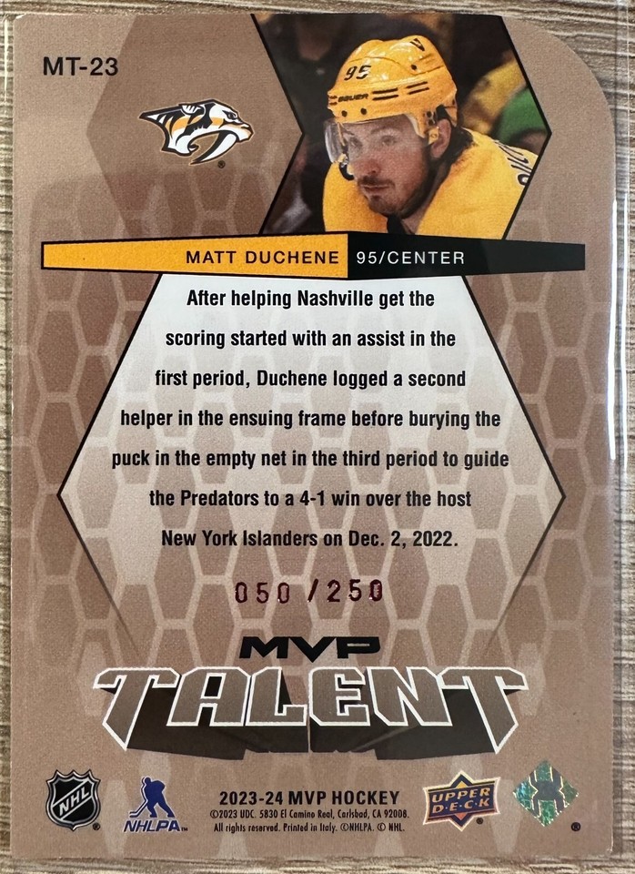 2023-24 UPPER DECK MVP COLORS & CONTOURS SP MATT DUCHENE! #MT-23 #050/ ...