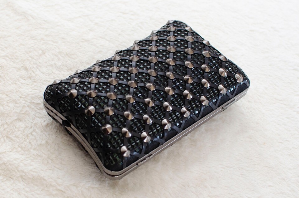 Zara Woman Black Hard Shell Clutch Jeweled Studded Chain Strap | eBay