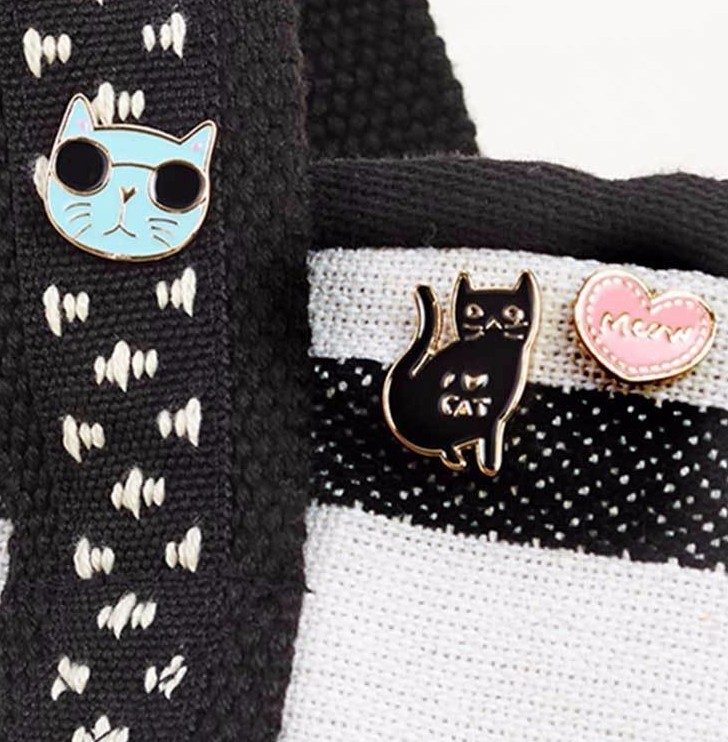 Novelty Hat Pins Cat Themed Enamel 3PC Set Cat Face Glasses Meow Heart ...