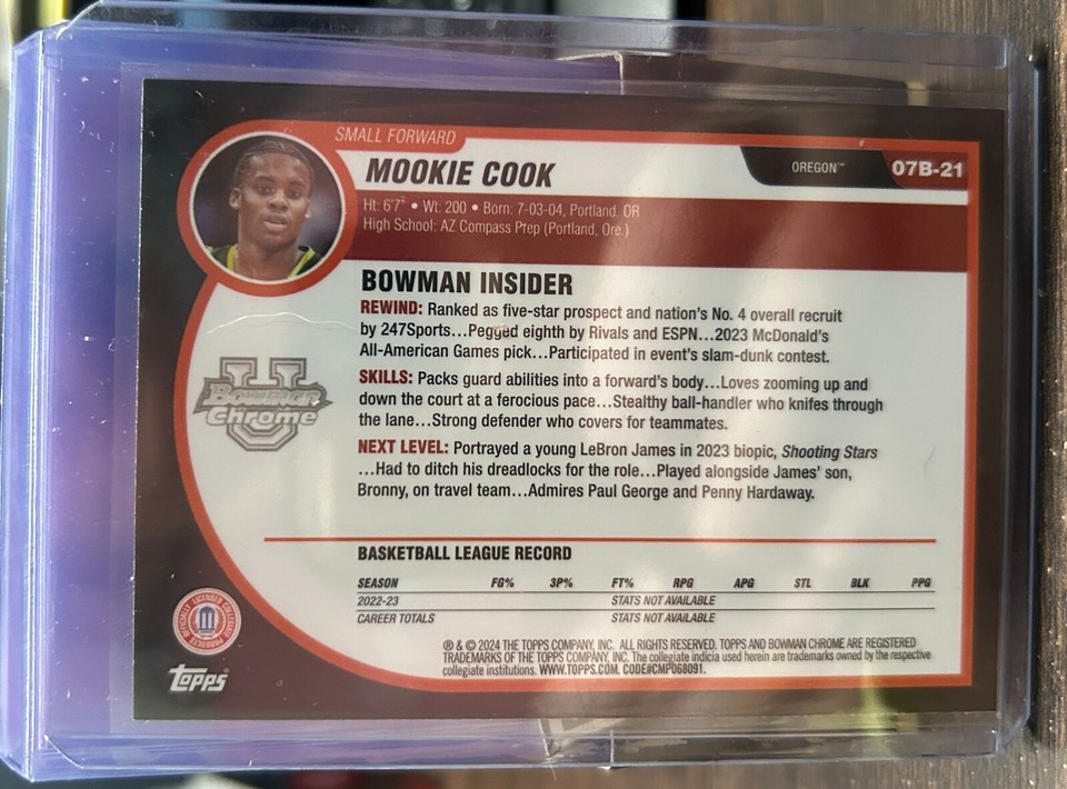 2023-24 Mookie Cook Bowman Chrome U RC #07B-21 Xfractor | eBay