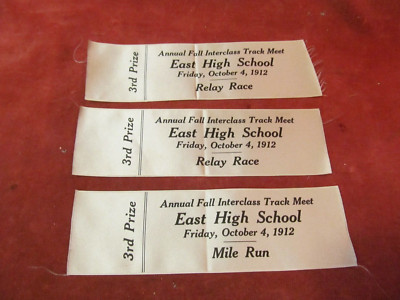 LOT OF 3 1912 EAST HIGH SCHOOL ROCHESTER TRACK MEET RIBBONS MILE RUN ...