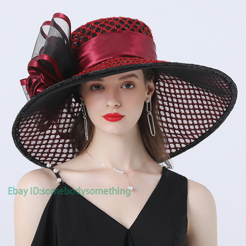 Burgundy Ladies Fascinator Hat Wedding Organza Fedora Flowers Hats For ...