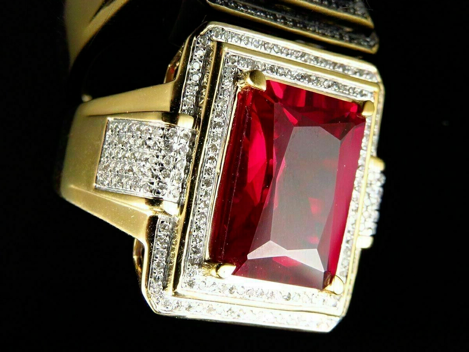 4Ct Emerald Cut Lab Created Red Ruby Men's Halo Ring In 14K Yellow Gold Plated | eBay