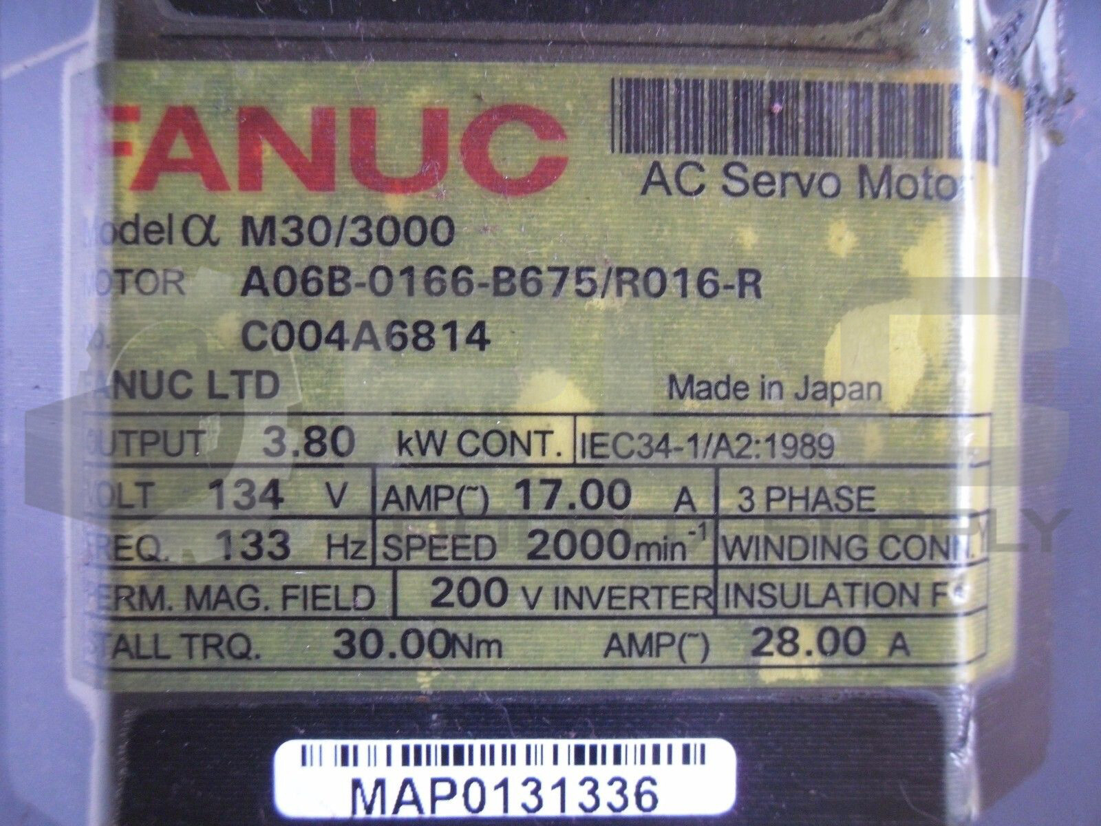 FANUC A06B-0166-B675 SERVO MOTOR 2000 RPM A06B-0166-B675/R016-R | eBay