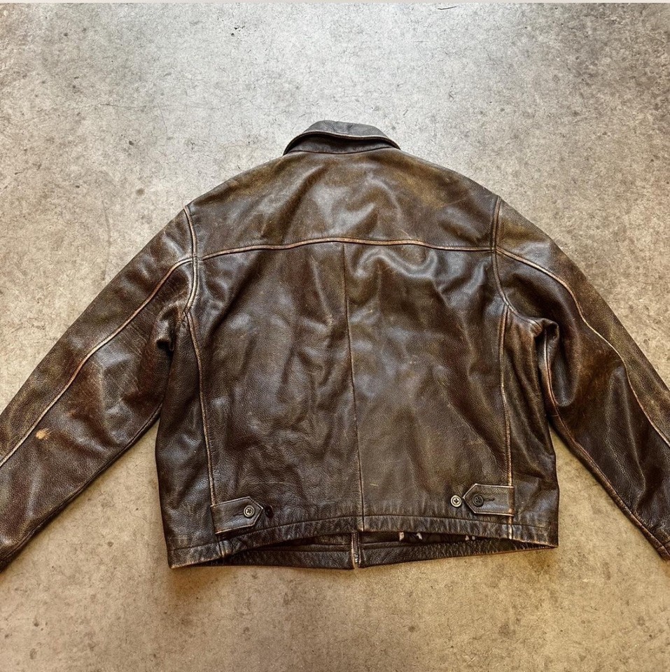 80s j. Crew Heavy 100% Brown Leather Bomber With Tattered Quilted ...