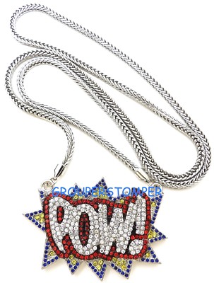 POW Necklace New Crystal Rhinestone Pendant with 36 Inch Franco Chain ...