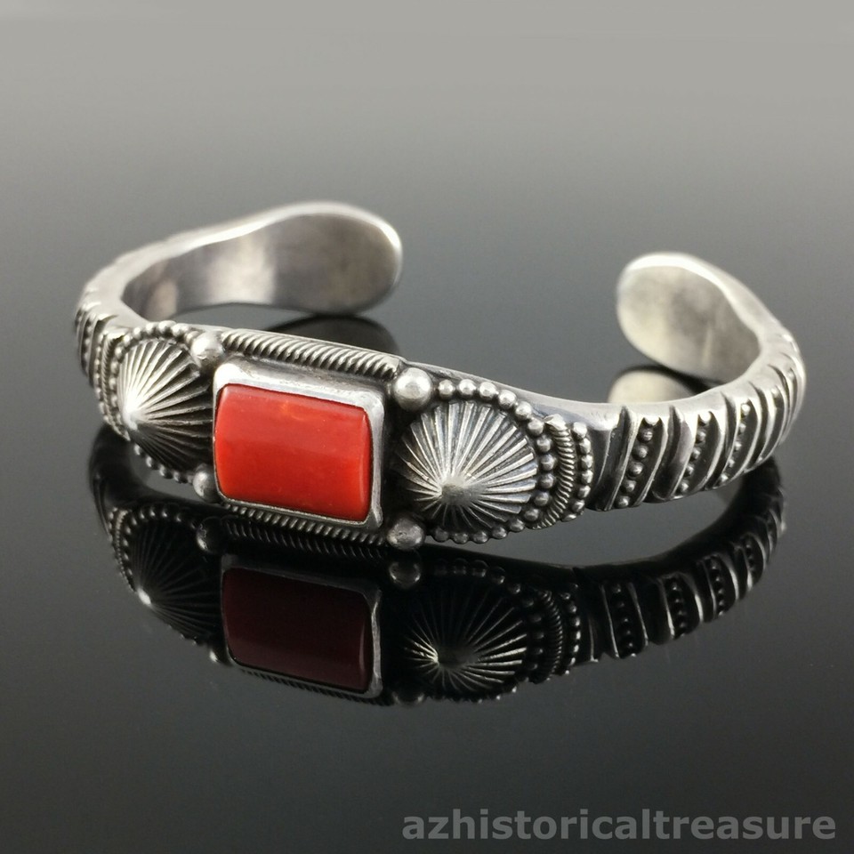 JOHN BEGAY JR - NAVAJO HEAVY GAUGE STERLING SILVER & RED CORAL CUFF ...